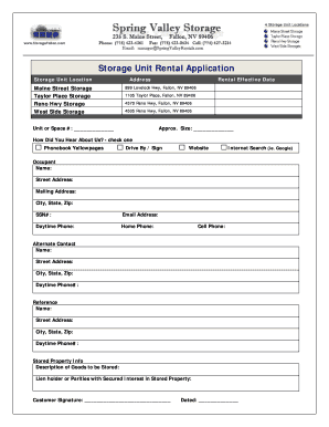 Fillable Online Storage Unit Rental Application - Spring Valley Fax ...