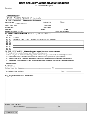 Fillable Online USER SECURITY AUTHORIZATION REQUEST User Security ...