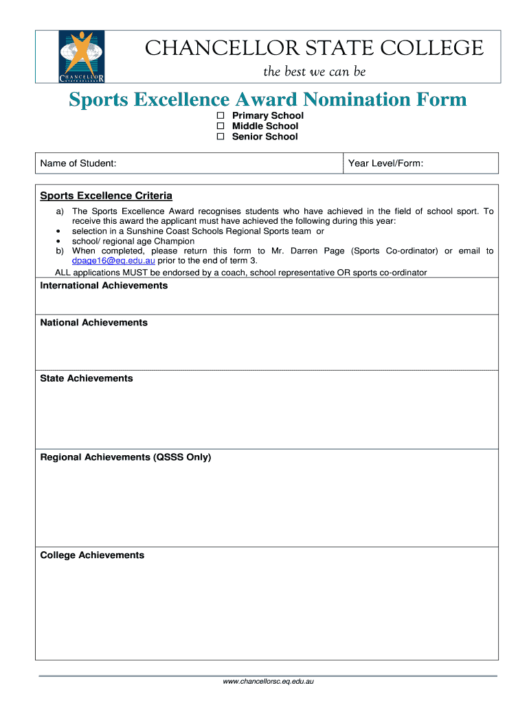 Fillable Online chancellorsc eq edu Sports Excellence Awards Nomination Form - chancellorsc eq ...