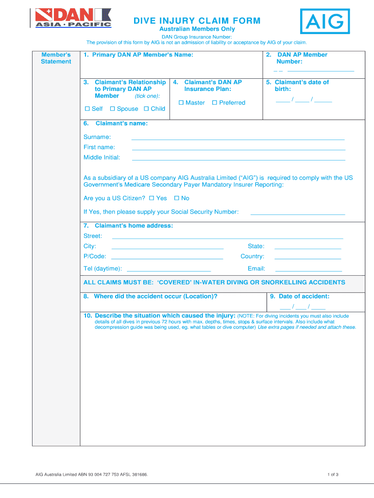 Fillable Online danap DIVE INJURY CLAIM FORM - danap Fax Email Print ...