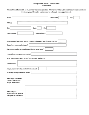 Fillable Online ohccupstate Occupational Health Clinical Center Intake ...