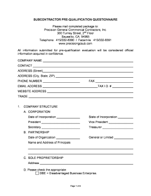 Fillable Online Subcontractor pre-qualification questionnaire ...
