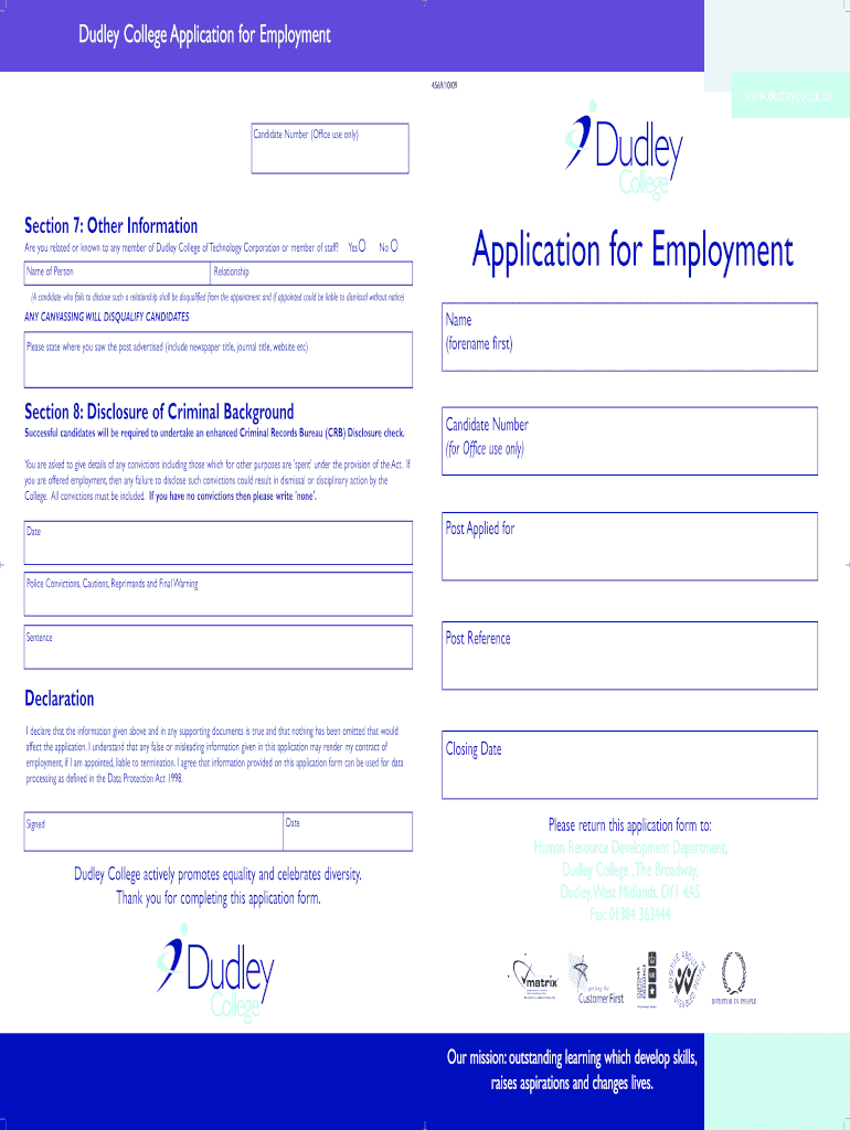 Fillable Online Dudley College Application for Employment Fax Email ...