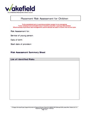 Fillable Online Placement Risk Assessment Form - Wakefield Children's ...