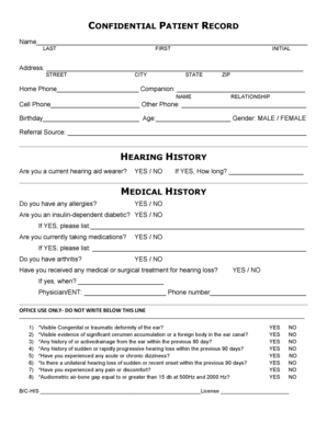 Fillable Online CONFIDENTIAL PATIENT RECORD HEARING HISTORY MEDICAL ...