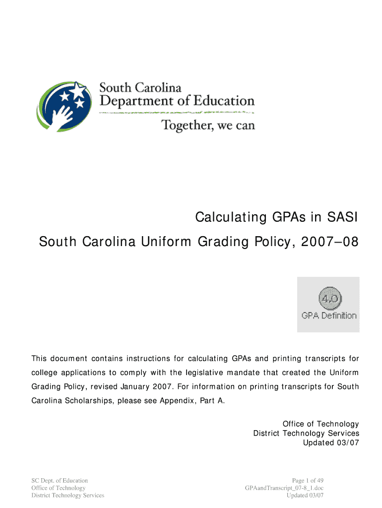 Fillable Online Calculating GPAs in SASI South Carolina Uniform bb ...