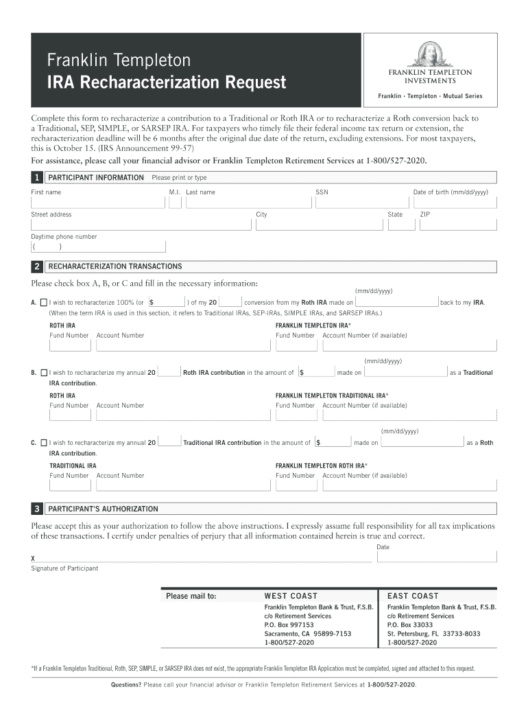 Fillable Online IRA Recharacterization Request Fax Email Print - pdfFiller