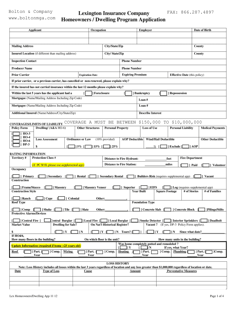 Fillable Online Application for Homeowners/Dwelling Insurance Fax Email ...