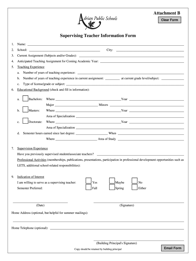 Fillable Online Supervising Teacher Information Form Fax Email Print ...