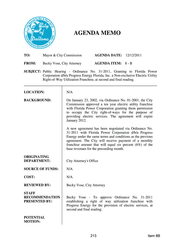Fillable Online AGENDA MEMO - OrdinanceWatch Fax Email Print - pdfFiller