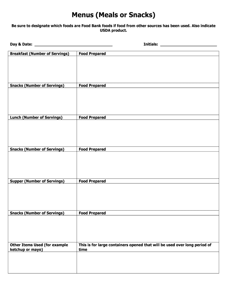 Fillable Online Menus for Food Preparation Fax Email Print - pdfFiller