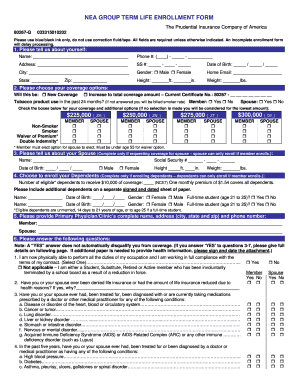 Fillable Online Nea group term life enrollment form $225000 Fax Email ...
