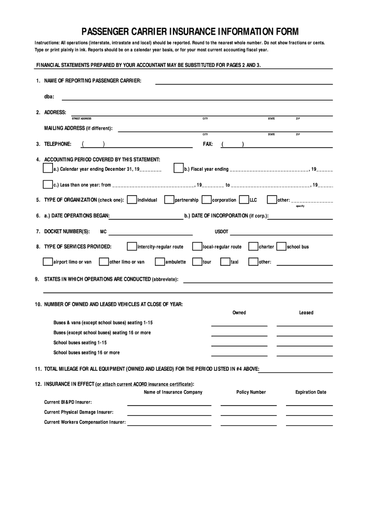 Fillable Online Passenger Carrier Insurance Information Form Fax Email ...