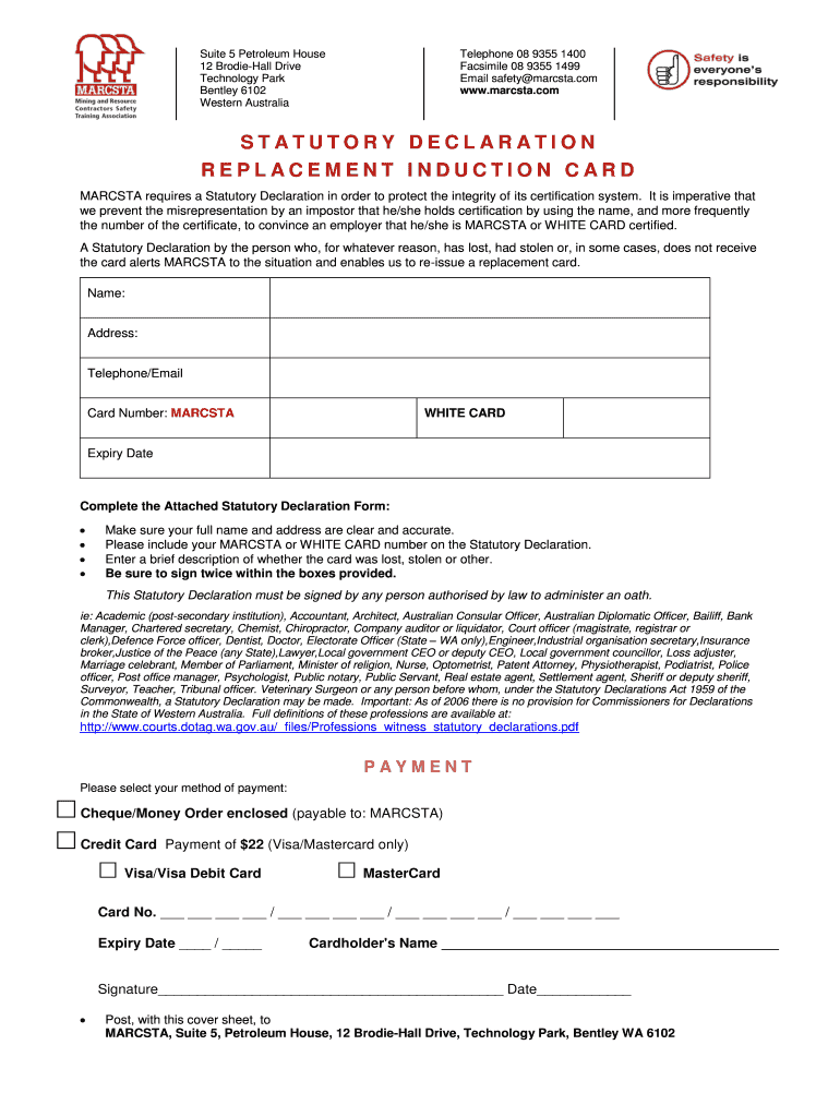 Fillable Online Statutory Declaration - Replacement Induction Card Fax ...