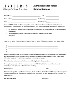 Fillable Online Authorization for Verbal Communications - INTEGRIS ...