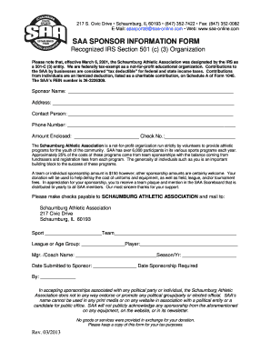 Fillable Online Saa sponsor information form - Schaumburg Athletic ...