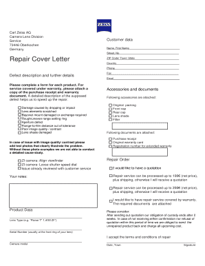 Repair Cover Letter - Carl Zeiss - Fill and Sign Printable Template Online