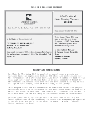 Fillable Online apa ny B2012b-84 One Main On The Lake LLC - Adirondack ...