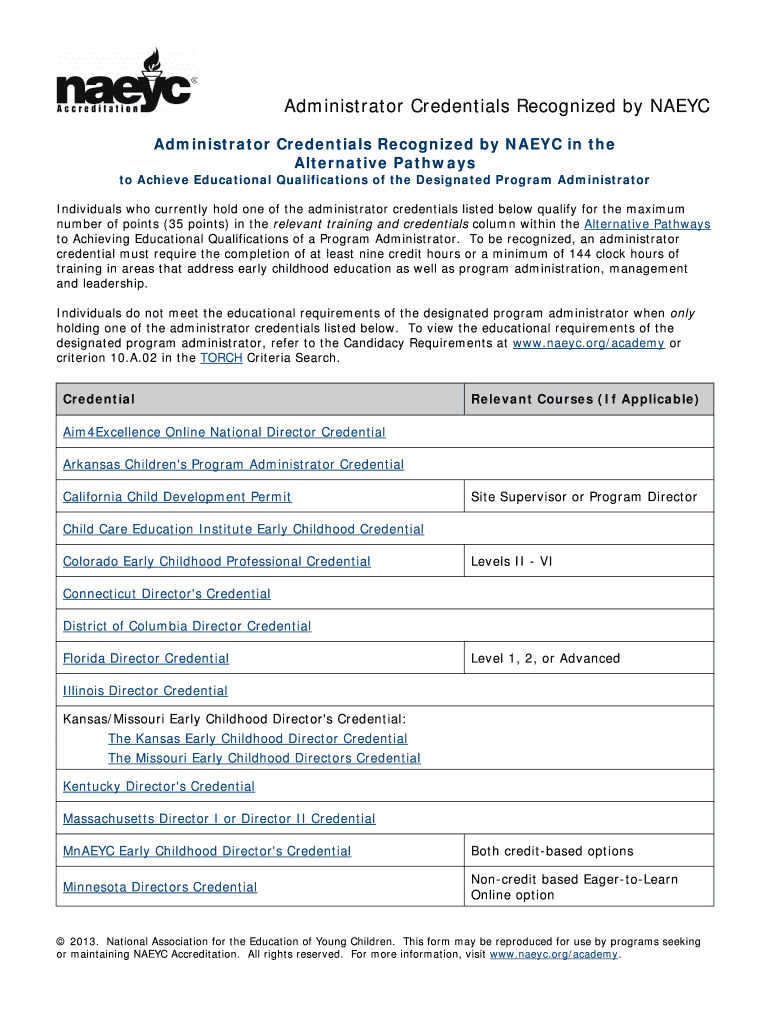 Fillable Online Administrator Credentials Recognized by NAEYC Fax Email Print - pdfFiller