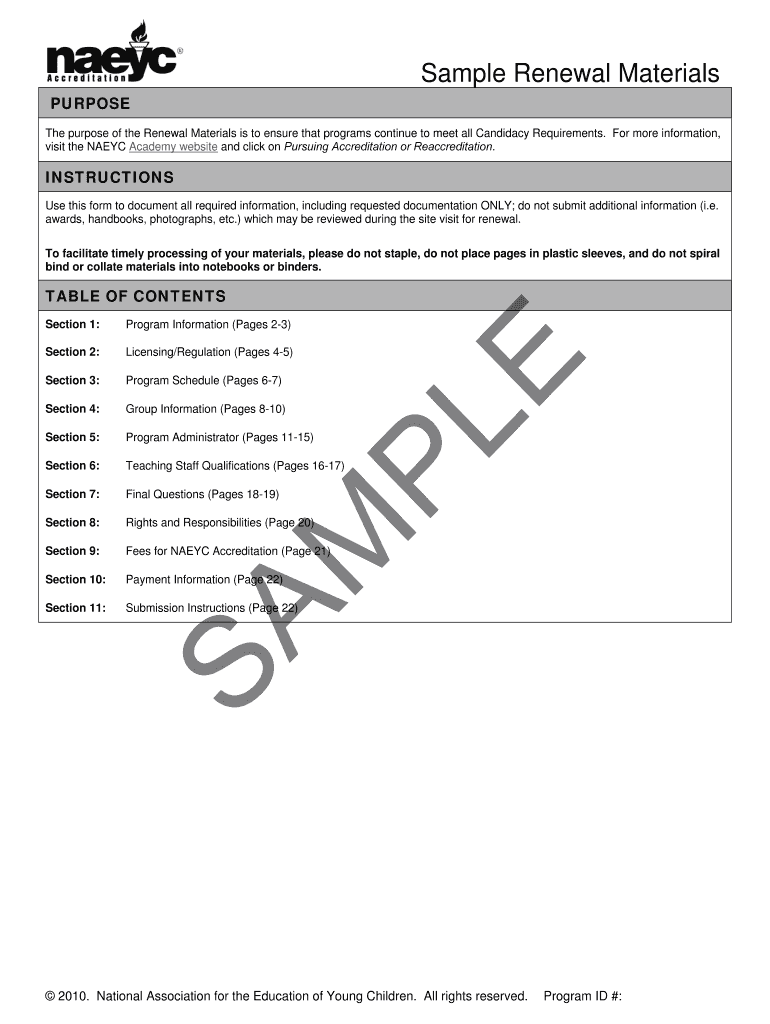 Fillable Online Sample Renewal Materials for NAEYC Accreditation Fax ...