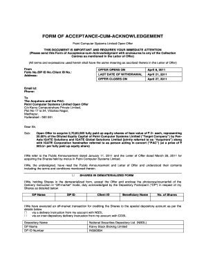Fillable Online sebi gov Form of Acceptance Cum Acknowledgement -PDF ...