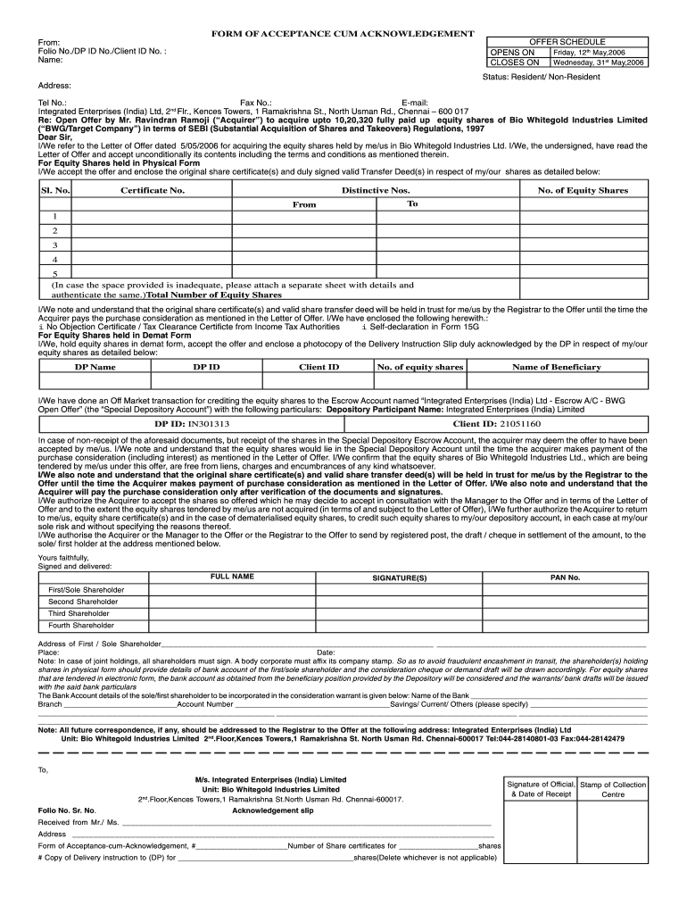 Fillable Online FORM OF ACCEPTANCE CUM ACKNOWLEDGEMENT Fax Email Print - pdfFiller