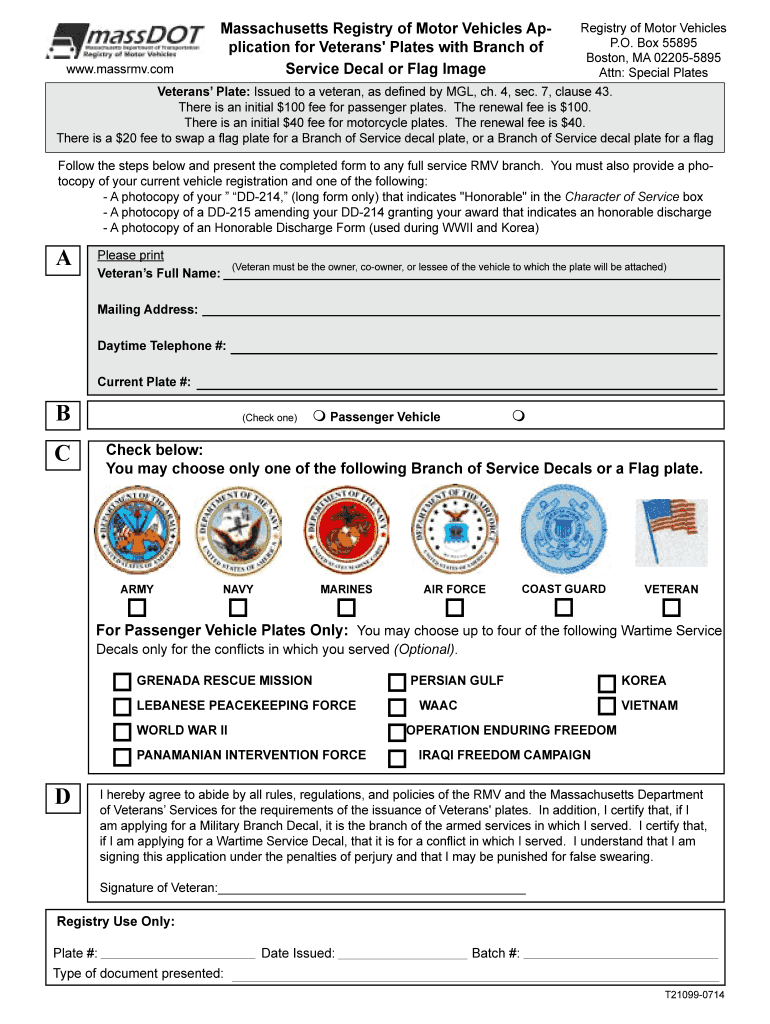 Massachusetts Veterans' Plates Application - Blank Fillable Template ...