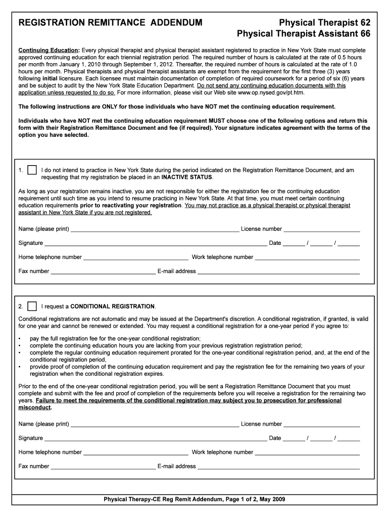 Fillable Online op nysed Registration Remittance Addendum - Physical Therapy - May b2009b bb ...