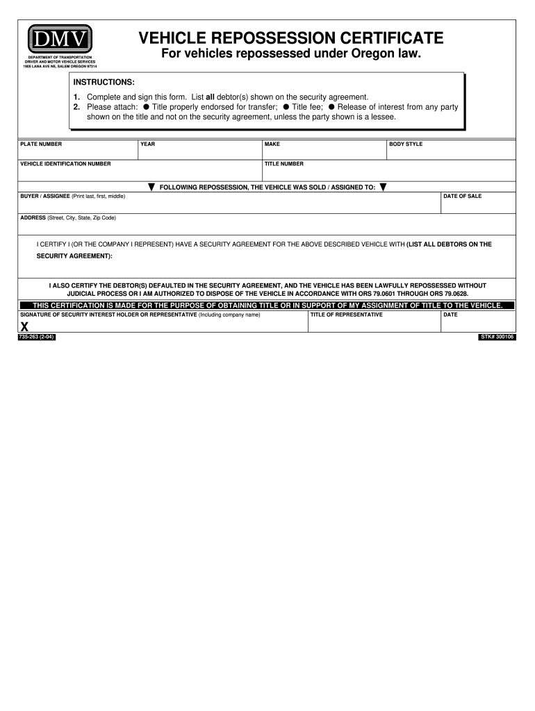 Oregon Vehicle Repossession Certificate Fill And Sign Printable 