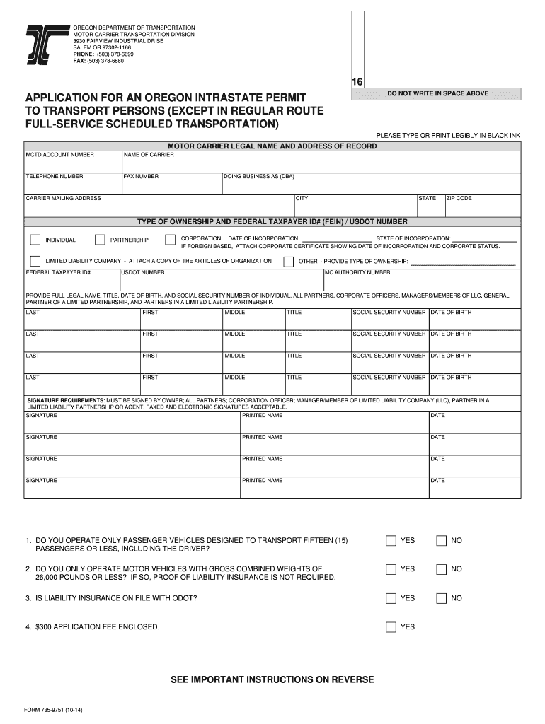Fillable Online APPLICATION FOR AN OREGON INTRASTATE PERMIT TO ...