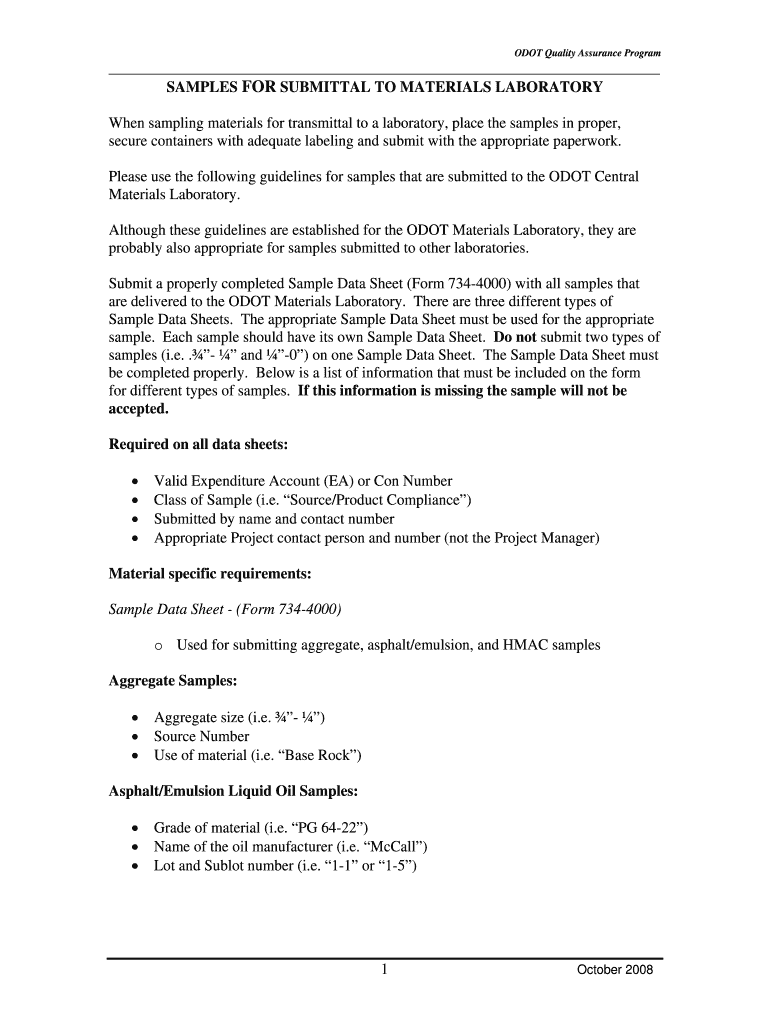 Fillable Online SAMPLES FOR SUBMITTAL TO MATERIALS LABORATORY Fax Email ...
