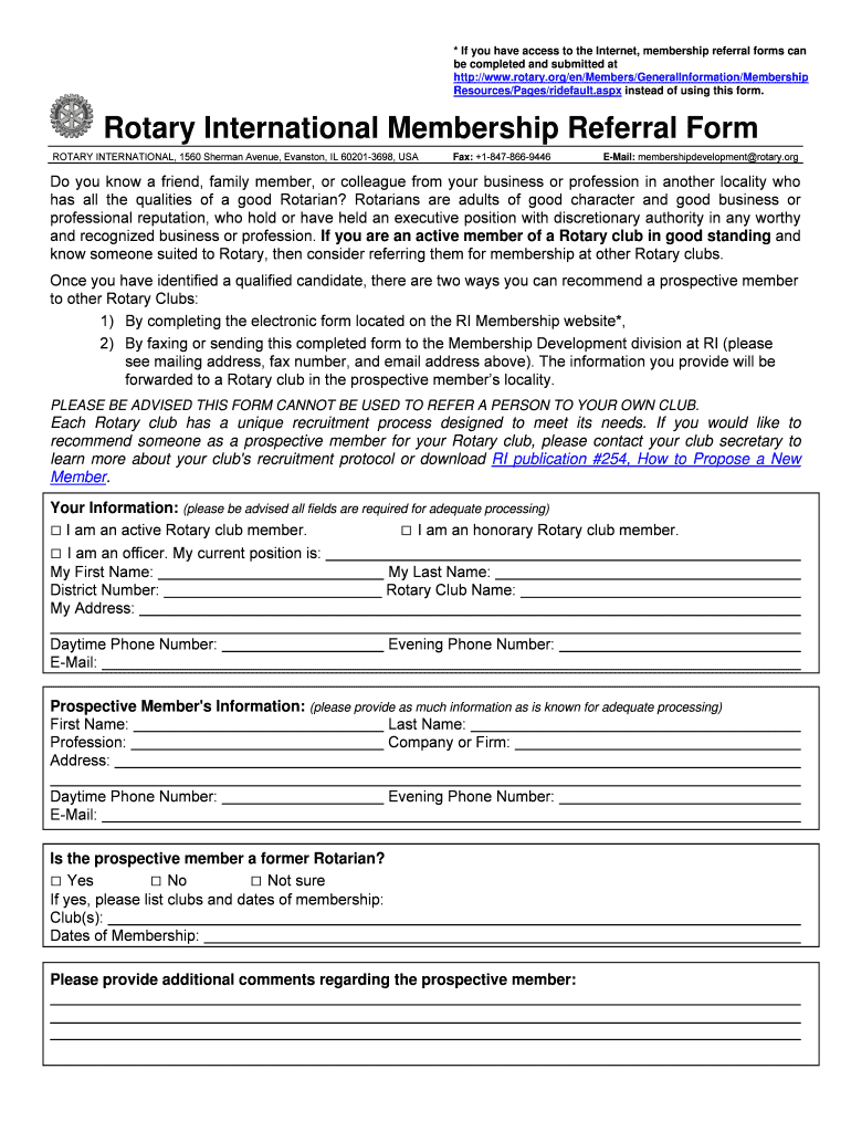 Fillable Online Rotary International Membership Referral Form Fax Email ...