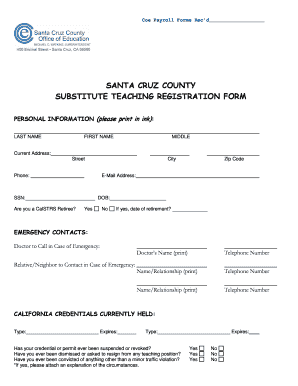 Fillable Online santacruz k12 ca Substitute Registration Form - Santa Cruz County Office of ...
