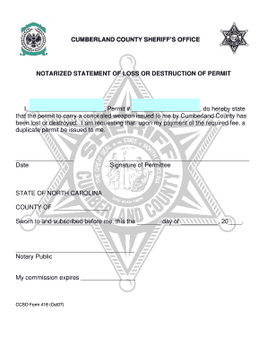 Fillable Online ccsonc FORM 416 CONCEALED LOSS OR DESTRUCTION OF PERMIT ...