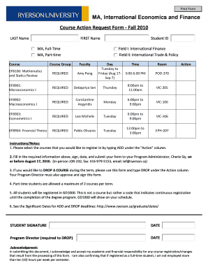 Fillable Online ryerson Course Action Request Form - Fall 2010 MA ...