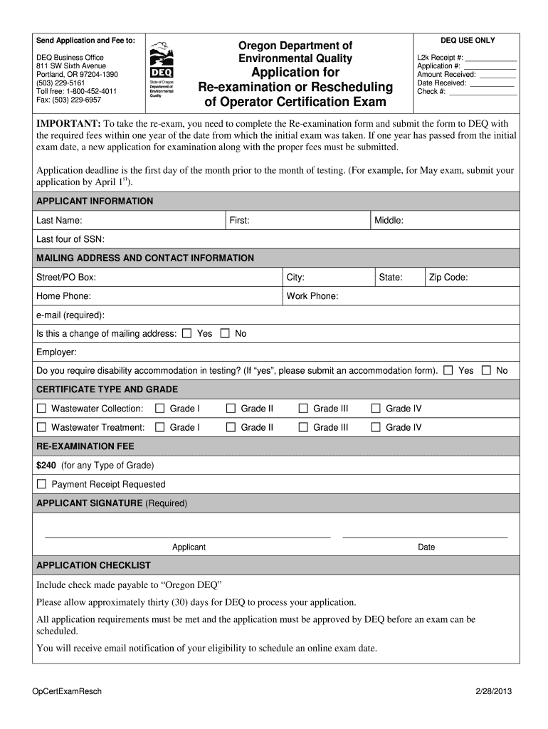 Fillable Online Operator Certification Exam Application Fax Email Print ...