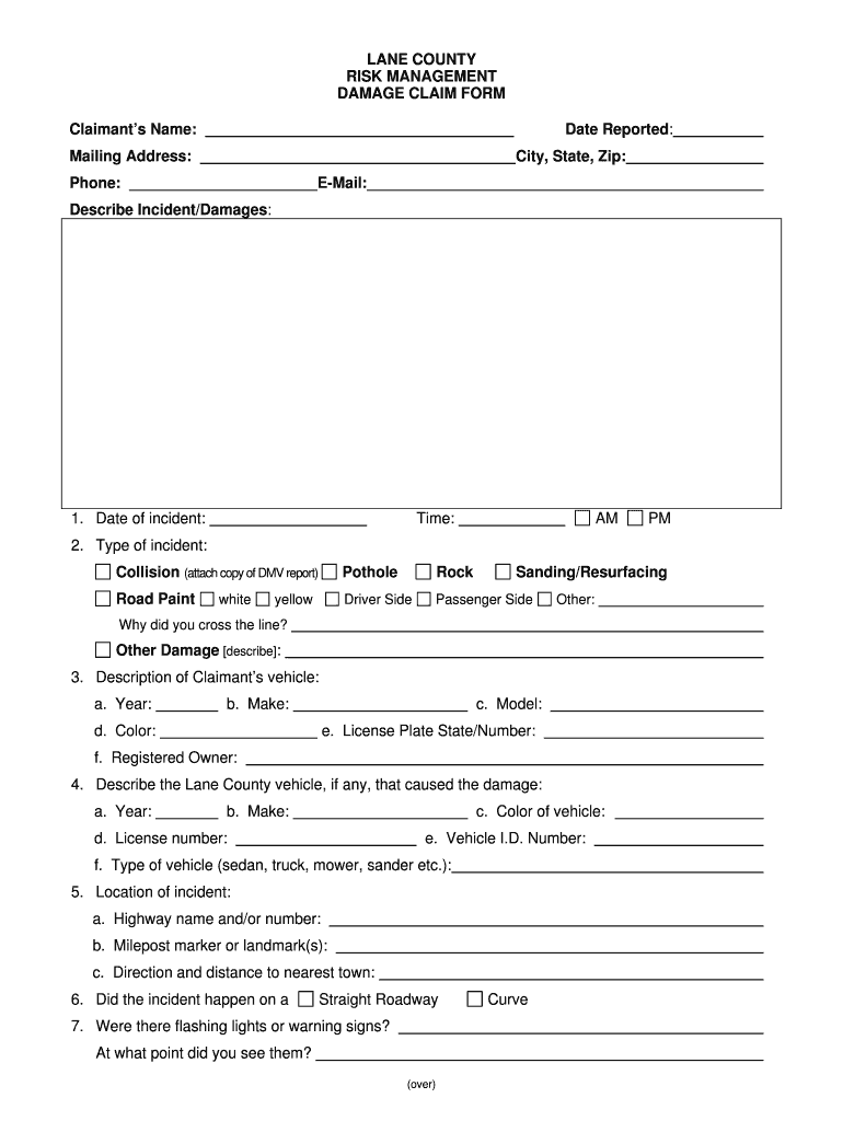 Fillable Online LANE COUNTY RISK MANAGEMENT DAMAGE CLAIM FORM Fax Email ...
