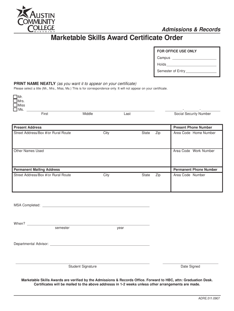 Fillable Online Marketable Skills Award Certificate Order Fax Email ...