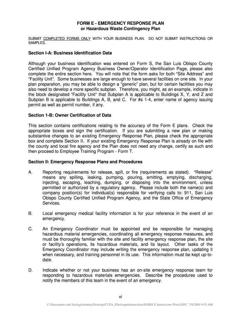 Fillable Online Emergency Response Plan or Hazardous Waste Contingency Plan Fax Email Print ...