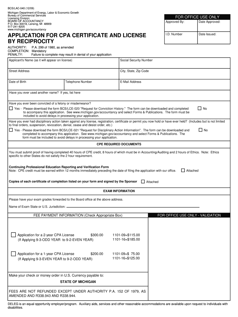 Fillable Online APPLICATION FOR CPA CERTIFICATE AND LICENSE BY ...