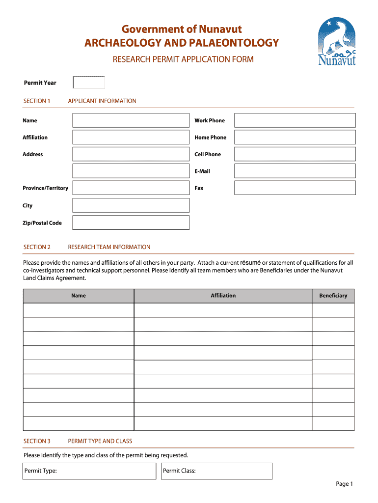 Fillable Online Government of Nunavut Archaeology and Palaeontology Research Permit Application ...