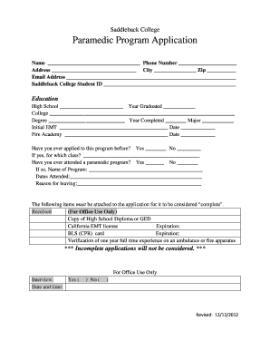 Fillable Online saddleback Paramedic Program Application - Saddleback ...