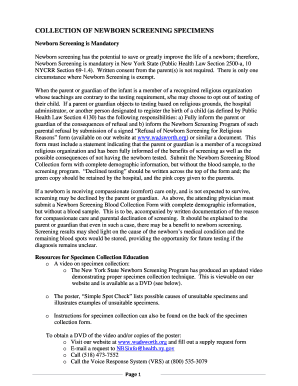 Fillable Online wadsworth COLLECTION OF NEWBORN SCREENING SPECIMENS ...