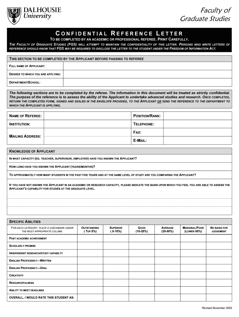 Fillable Online Confidential Reference Letter for Graduate Studies Fax Email Print - pdfFiller