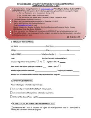 Fillable Online skylinecollege 1. APPLICANT INFORMATION: 2. AUTOMOTIVE ... - Skyline College ...