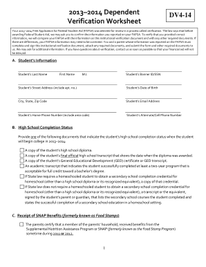 Fillable Online cos 2014 Dependent Verification Worksheet DV4-14 Your ...