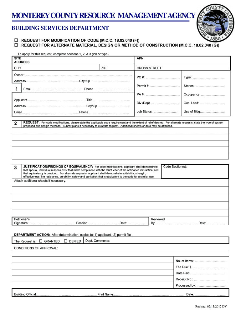 Fillable Online REQUEST FOR CODE MODIFICATION OR ALTERNATE MATERIALS, METHODS OF DESIGN OR ...