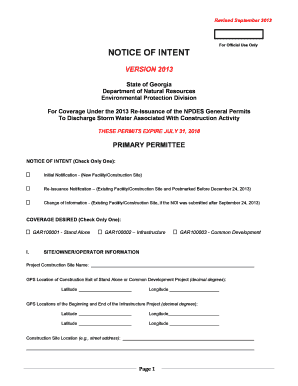 Fillable Online gaepd Notice of Intent for Primary Permittees (PDF ...