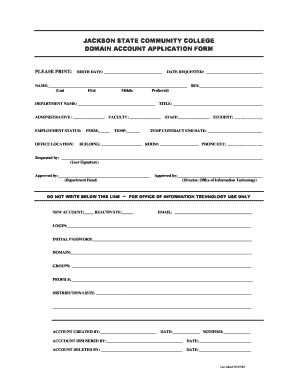 Fillable Online jscc DOMAIN ACCOUNT FORM - Jackson State Community ...