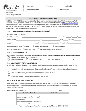 Fillable Online 2012-2013 PLUS Loan Application - Cuesta College Fax ...